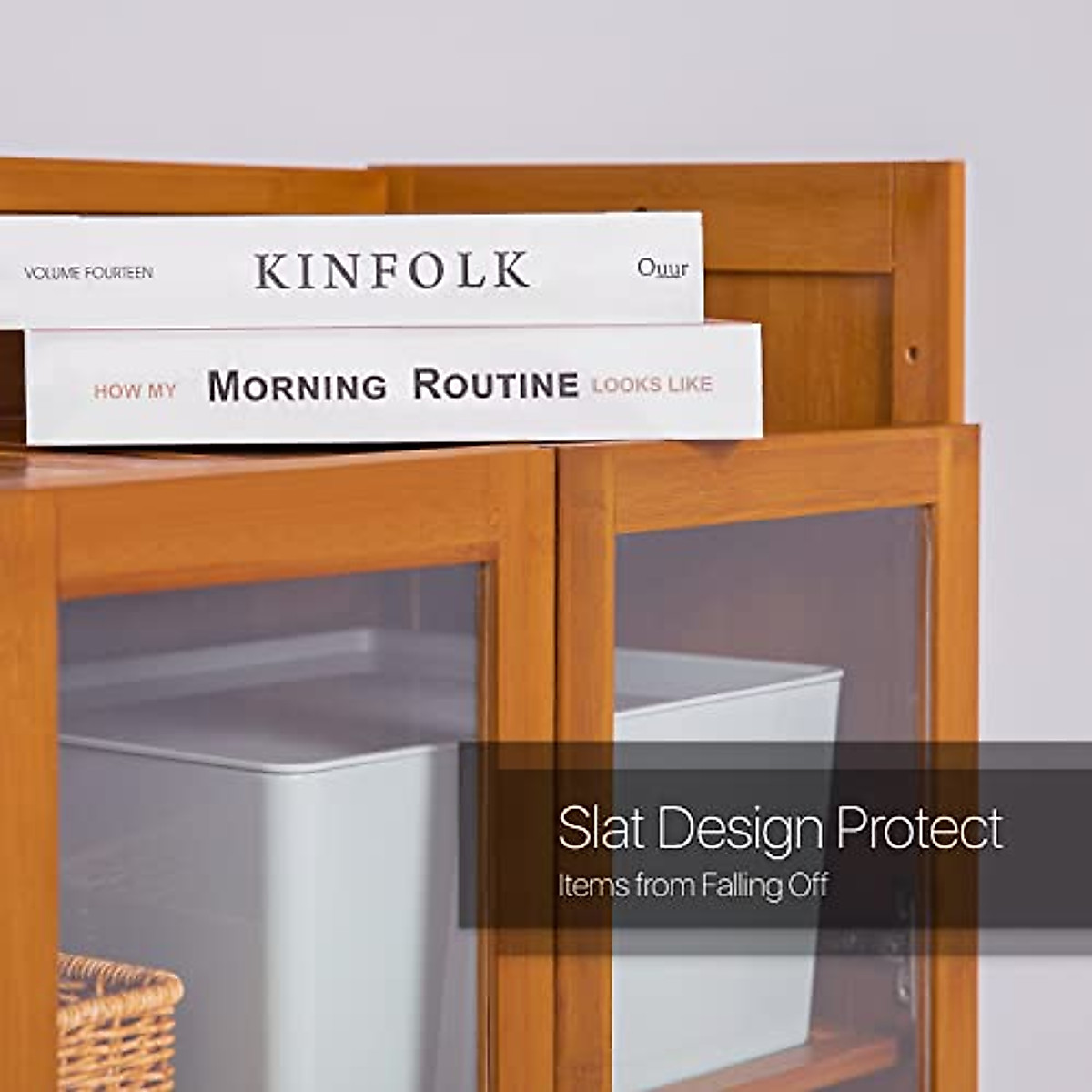 MoNiBloom 7 Tier Shoe Storage Cabinet Bamboo Free Standing Shoes Oragnizer with Visible Doors and Side Hooks for 14-18 Pairs Home Entryway, Brown