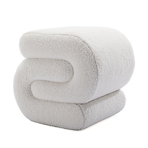 KIVENJAJA Sherpa Ottoman Stool, Modern S-Shaped Boucle Vanity Stool Pouf Ottoman Seat, Decorative Floor Chair Foot Stool for Makeup Room, Bedroom, Living Room (Teddy, White)