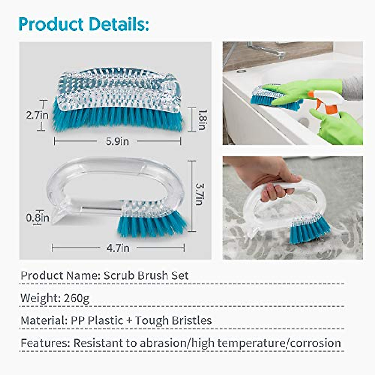 Scrub Brush Set for Cleaning, TINA&TONY Cleaning Brush Shower Scrubber Brush Kitchen Scrub Brush Stiff Bristles Grout Cleaning Brush for Tile Floor Bathroom Bathtub Carpet Sink, Transparent, 2PCS