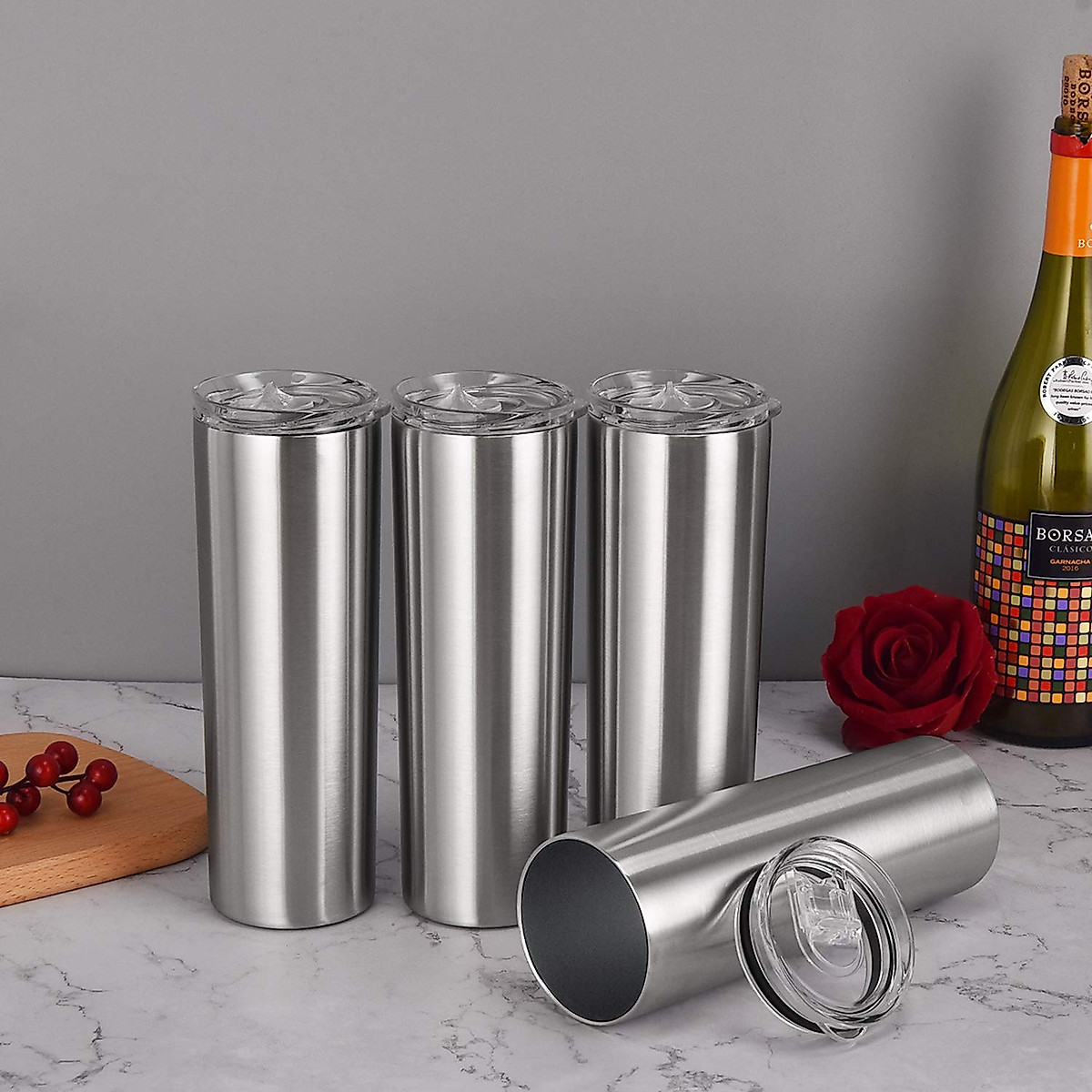 Qtencas Stainless Steel Skinny Tumbler Set, Insulated Travel Tumbler with Closed Lid Straw, Skinny Insulated Tumbler, 20 Oz Slim Water Tumbler Cup for Coffee Water Hot Cold Drinks, Set of 4, Silver