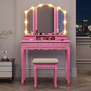 Tiptiper Vanity Desk with Tri-Fold Mirror and Lights, Makeup Vanity with Wood Upholstered Stool, Vanity Table with 5 Drawers & 8 Jewelry Hooks, Small Vanity, Pink