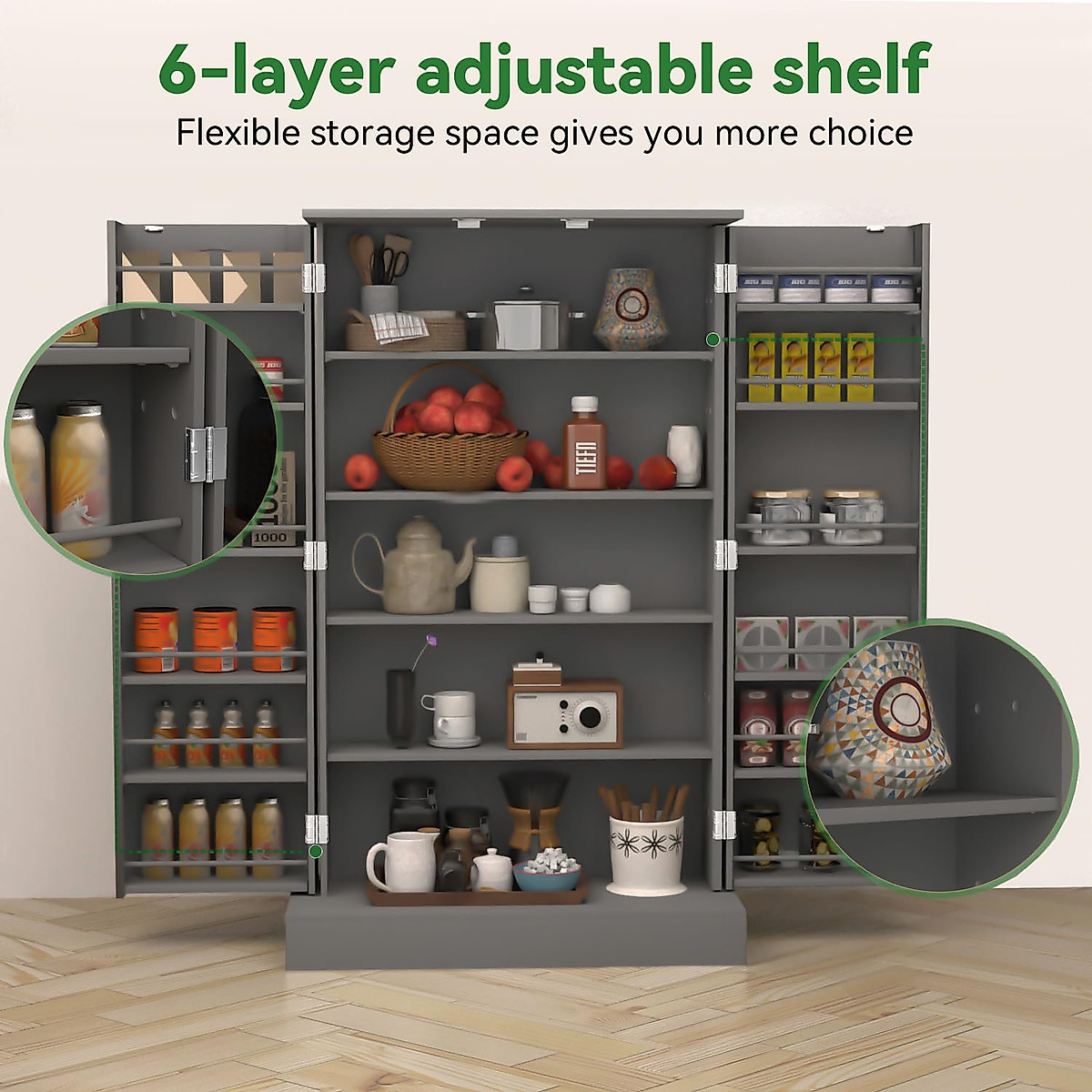 VEKOO 41" Kitchen Pantry Storage Cabinet Food Storage Cabinets with Doors and Adjustable Shelves Freestanding Grey Storage Cabinet for Kitchen, Living Room and Dinning Room