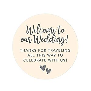 Andaz Press Out of Town Bags Round Circle Gift Labels Stickers, Welcome to Our Wedding Thanks for Traveling to Celebrate with Us, Ivory, 40-Pack, for Destination OOT Gable Boxes