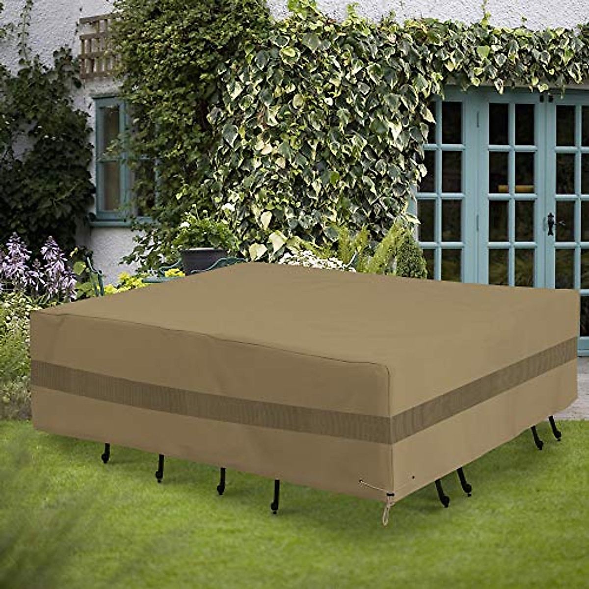 SunPatio Outdoor Furniture Set Cover, Heavy Duty Waterproof Patio Square Table and Chairs Cover for Dining Set, Fade Resistant Varanda Garden Deck Sectional Set Cover, 86" L x 86" W x 30" H, Taupe