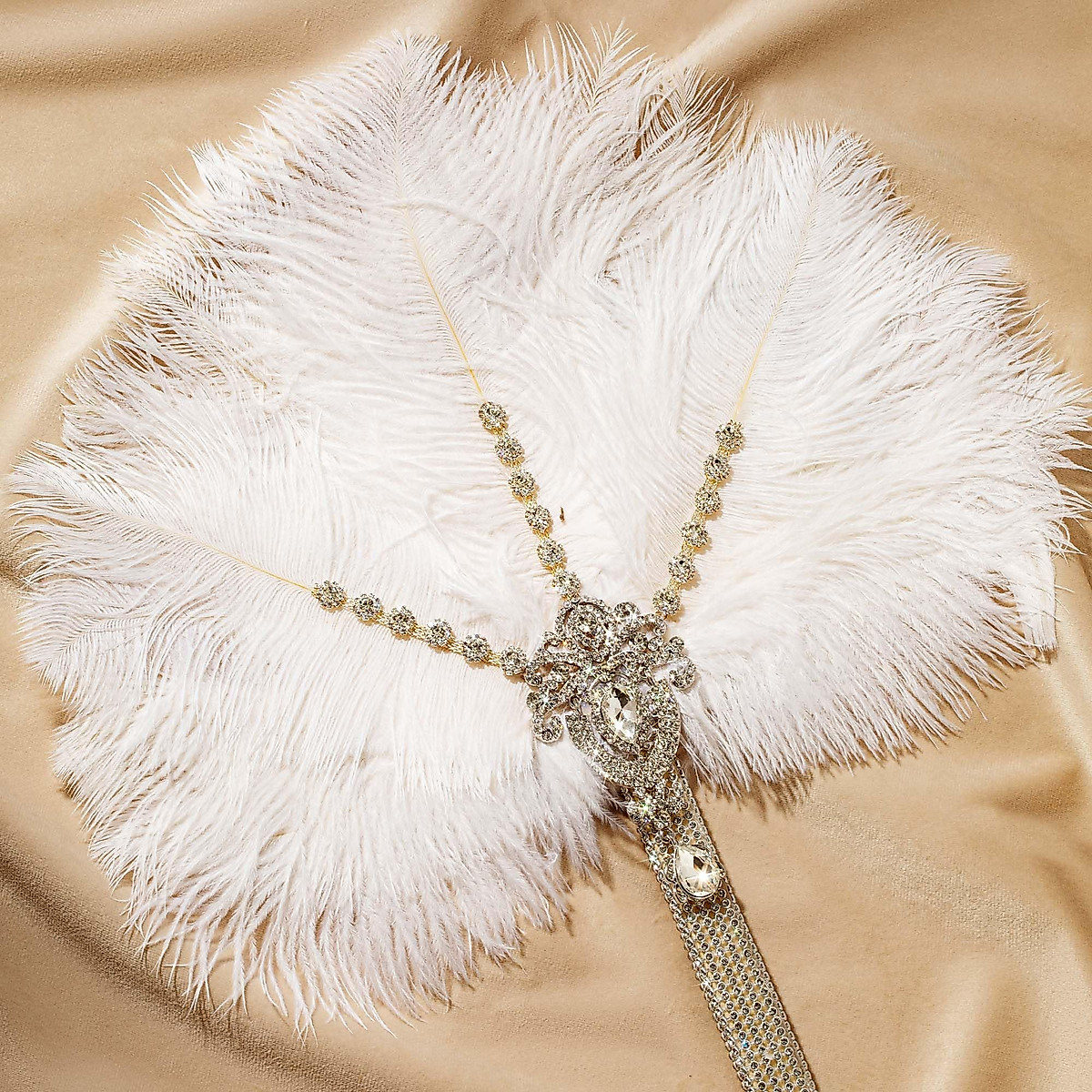 BABEYOND Vintage Bridal Feather Bouquet 1920s Ostrich Feather Fan Crystal Bridesmaid Bouquet 20s Gatsby Wedding Bouquet Flapper Accessories (White & Crystal Handle)