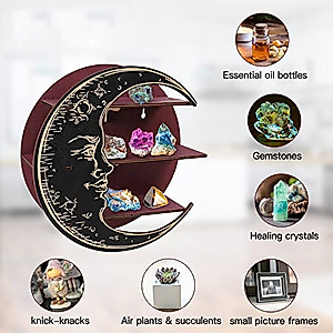 Mukorolee Moon Crystal Shelf, Antique Wooden Floating Shelves for Wall Decor, Wall-Mounted Crystal Shelf Display for Stones & Essential Oils Witchy Room Decor (White)