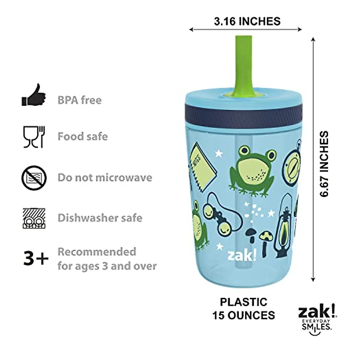 Zak Designs Campout and Camping Kelso Tumbler Set, Leak-Proof Screw-On Lid with Straw, Bundle for Kids Includes Plastic and Stainless Steel Cups with Bonus Sipper, 3pc Set, Non-BPA,15 fl oz