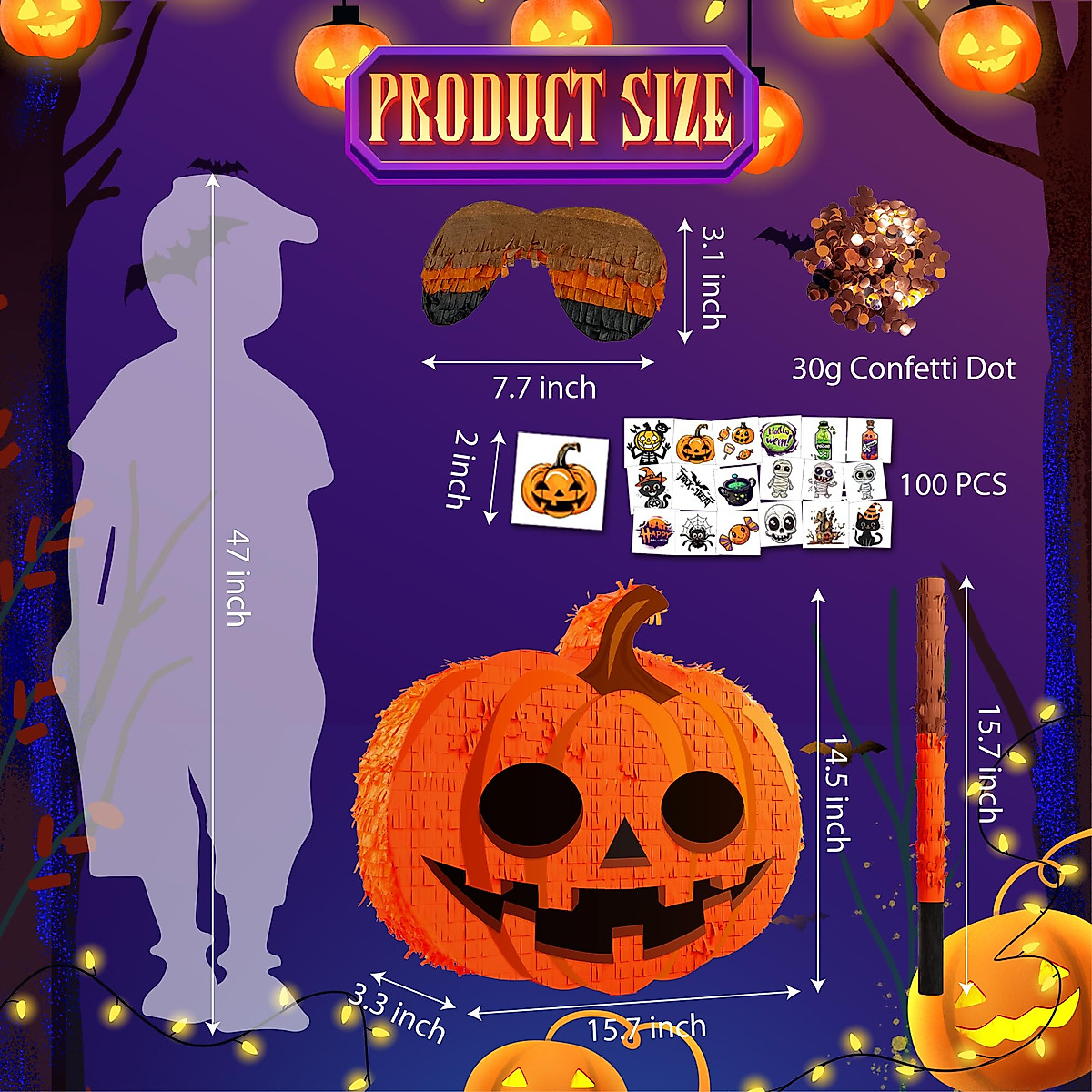 MUWOOB Halloween Pumpkin Pinata, Halloween Piñata with 100 pcs Halloween Tattoos Kids, Stick Blindfold and Confetti, Halloween Birthday Pinata Party Games Decorations for Kids Adults (Pumpkin)