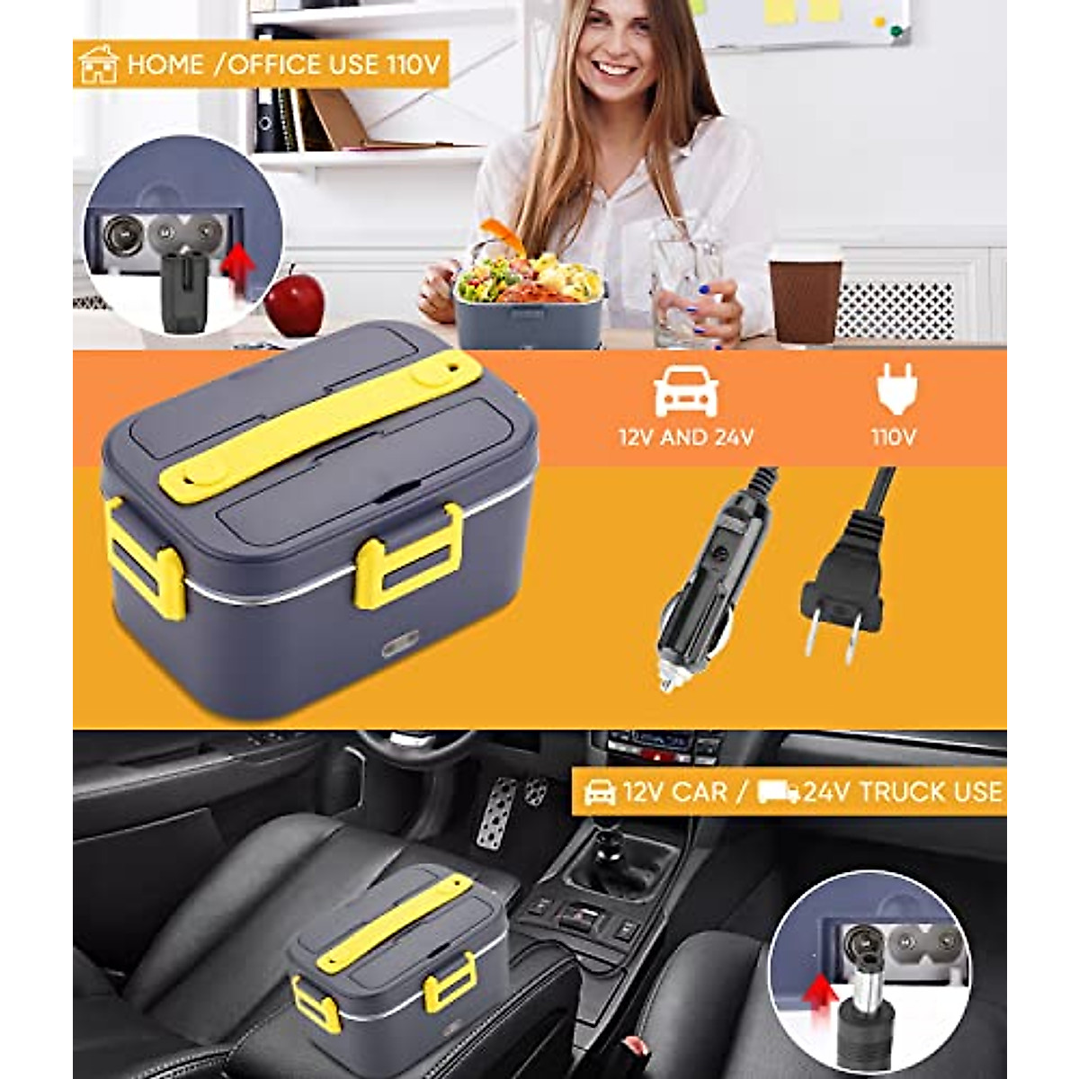 unumac Heated Lunch Box - Electric Lunch Box Food Heater 1.8l for Adults, 3 in 1 Electric Lunchbox Portable Food Warmer for Car/Truck Drivers/Work with Spoon, Fork, Insulated Carry Bag, 12V/24V/110V