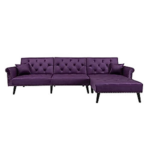 Modern L-Shaped Corner Sofa Convertible Sleeper Couch Bed,Upholstered Folding Recliner,Nailhead Decor Button Tufted Modular Sectional Sofá with Pillows&Reversible Chaise for Living Room Furniture Set