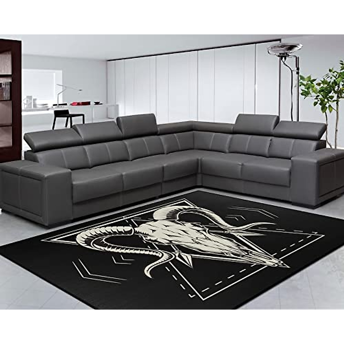 Goat Skull Area Rug Occult Mat Goat Head Decor Satanic Witchy Wicca Sacred Geometry Grunge Black Mystical Animal Gothic Horns Carpet