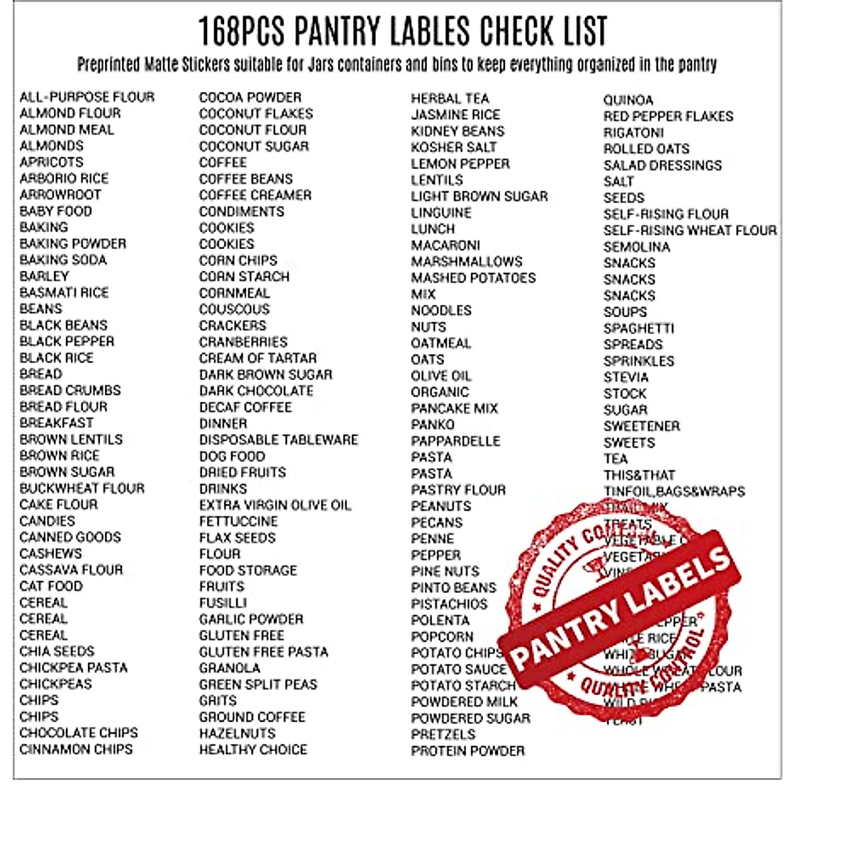 v2croft 168 Pantry Labels for Food Containers, Minimalist White Matte Stickers Black Fine Line Text,Preprinted Waterproof Label for Glass Jars, Bottles & Canisters,Pantry Organization Storage