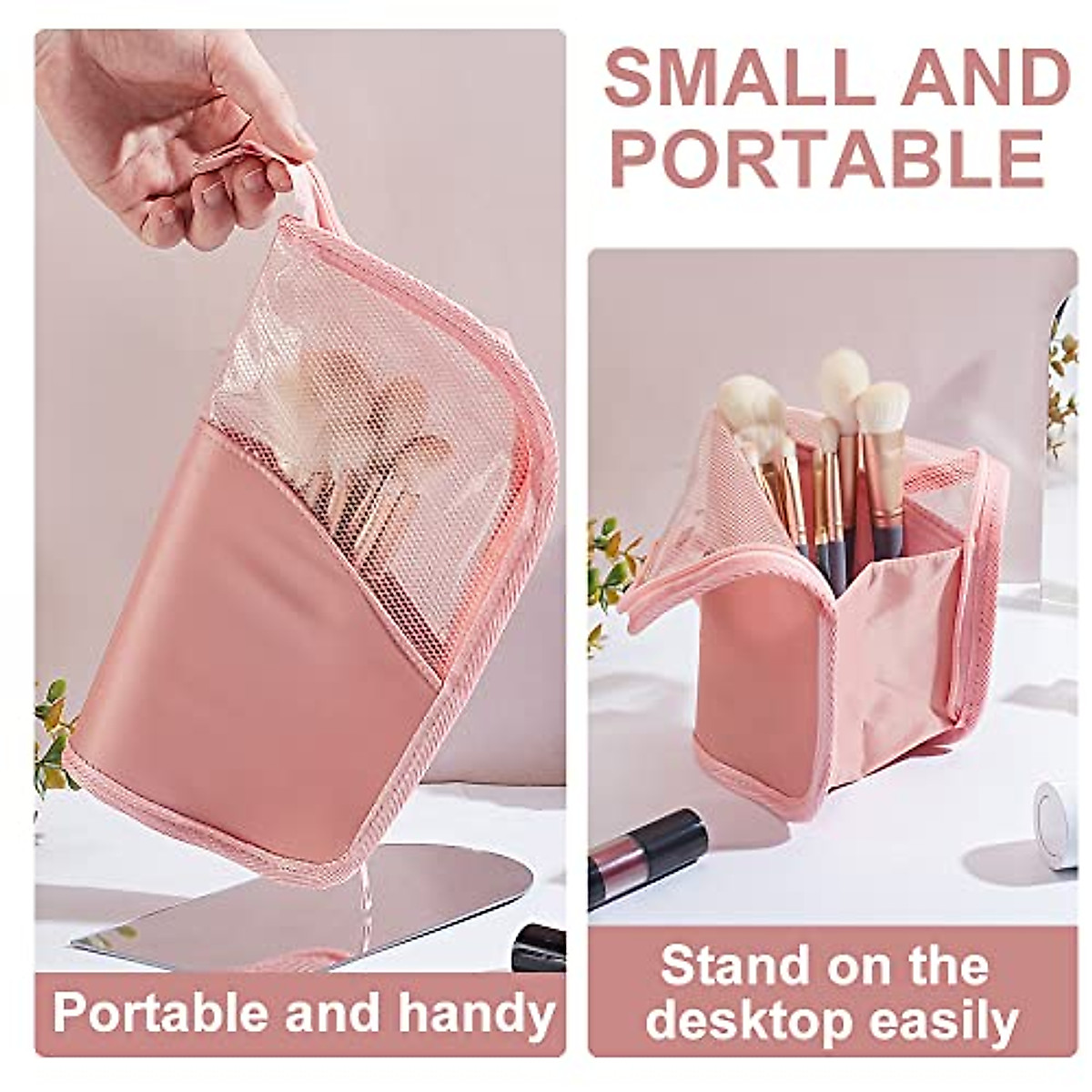 PH PandaHall 1pc Makeup Brushes Travel Case Pink Makeup Brush Holder Portable Cosmetic Bag Storage Organizer Foldable Makeup Organizer Bag with Zipper for Travel Bathroom Brush Lip Gloss