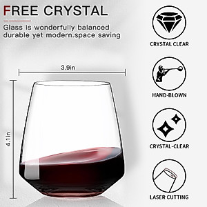 Stemless Wine Glasses Set of 4-15 oz Clear-Modern Hand-Blown Wine Glasses, European Design Crystal Glass For Red & White Wine, Unique Gifts for Wedding, Birthday，Christmas