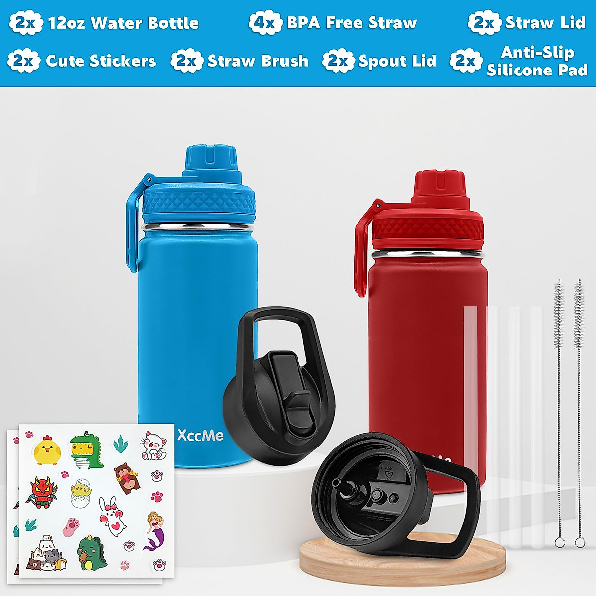 XccMe 16 oz Kids Water Bottle 2 Pack,Water Bottles for School Kids,Metal Water Bottle,Stainless Steel Insulated Thermos with Straw,4 replacement Lid,Straw Brush,Cute Stickers,Boys Girls Water Cup