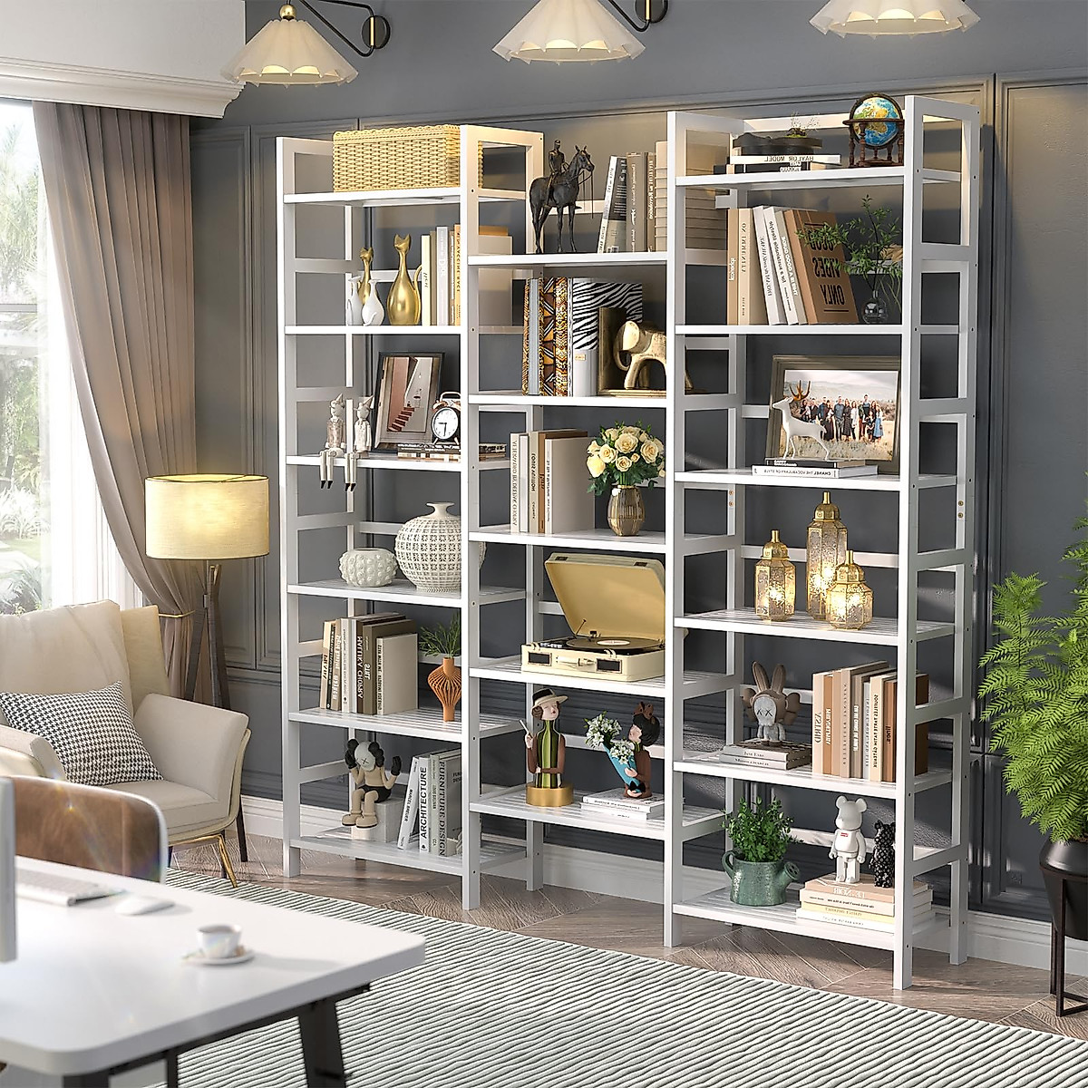 Homykic Bamboo Triple Wide Shallow Bookshelves and Bookcases, 6-Tier 6ft Tall Bookshelf with 17 Open Display Shelves, Super Large Freestanding Book Shelf for Home Office, Bedroom, Living Room, White