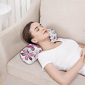 xigua Pink Butterfly Floral Neck Roll Pillow for Neck Relief with Removable Washable Cover - Memory Foam Round Cylinder Bolster, Ergonomically Designed for Head, Neck, Back, and Legs