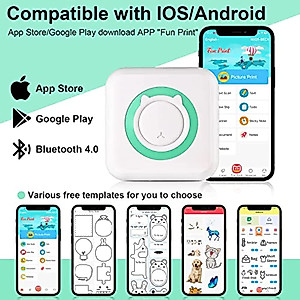 TVAIGER Mini Printer Portable, Wireless Bluetooth Thermal Sticker Printers with 6 Rolls Printing Paper, Compatible with Android iOS for Label Receipt Photo Notes and Memos (Green)
