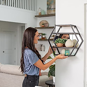 Metal Hexagon Shelf with Mirror – 4-Tier Industrial Iron Farmhouse Hexagonal Floating Shelving for Bedroom, Bathroom, Living Room & Office – 20 x 5.8 x 17.4 Inches, Black Frame with Brown Shelves