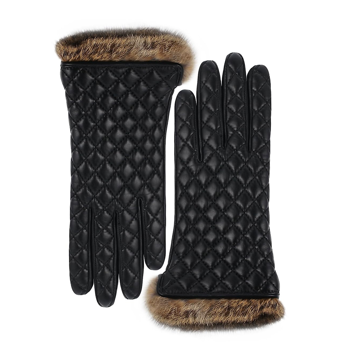 VIKIDEER Winter Warm Cashmere Lining Rabbit Fur Cuffs Leather Gloves for Women Touchscreen Black Large