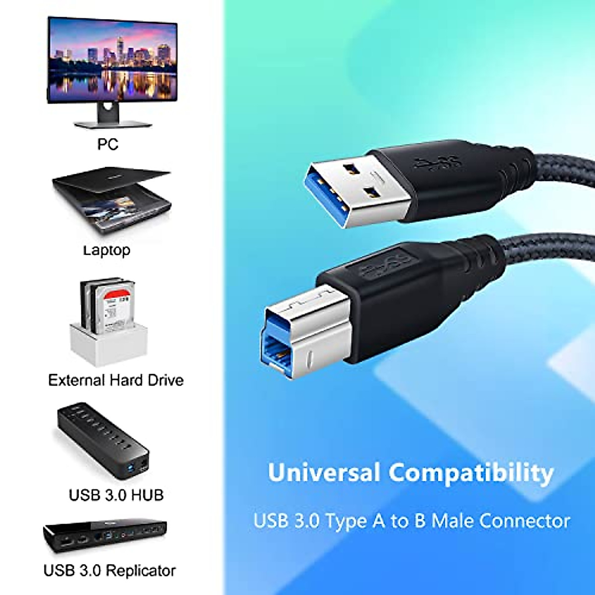 OKRAY USB 3.0 A to B Cable 2-Pack 6 Feet | SuperSpeed Data Transfer