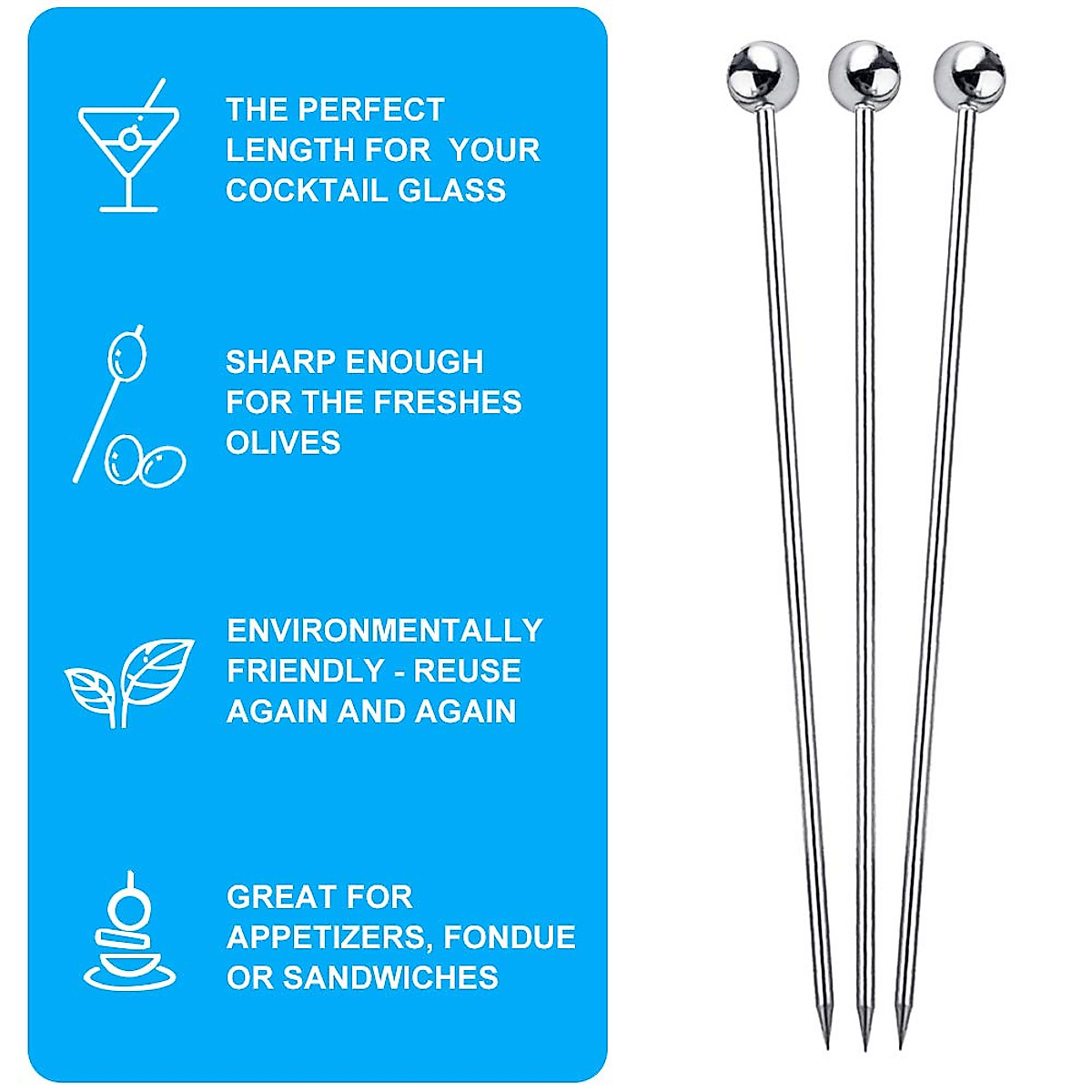 FATLODA 15PCS Cocktail Picks for Drinks, Stainless Steel Cocktail Toothpicks, Reusable Cocktail Skewers, Garnish Picks Bloody Mary Skewers, Metal Martini Picks for Olives Appetizers Fruit (4.3 Inch)