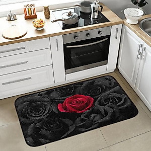 KOBLEN Red Black Rose Kitchen Rugs Non Slip Washable Absorbent Kitchen Mats 20x39 inch Cushioned Anti Fatigue Kitchen Floor Mats for in Front of Sink