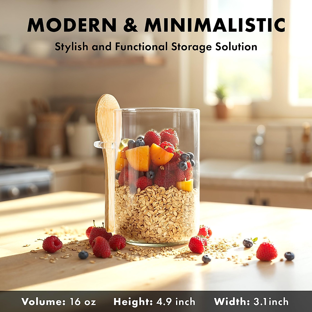 Overnight Oats Containers with Lids, Labels & Spoons (4 x 16oz) Glass Jars for Oatmeal, Meal Prep, Food Storage | Leak-Proof Mason Jars for Oats, Cereal, Yogurt, Chia Pudding [Thicker Glass 3mm]