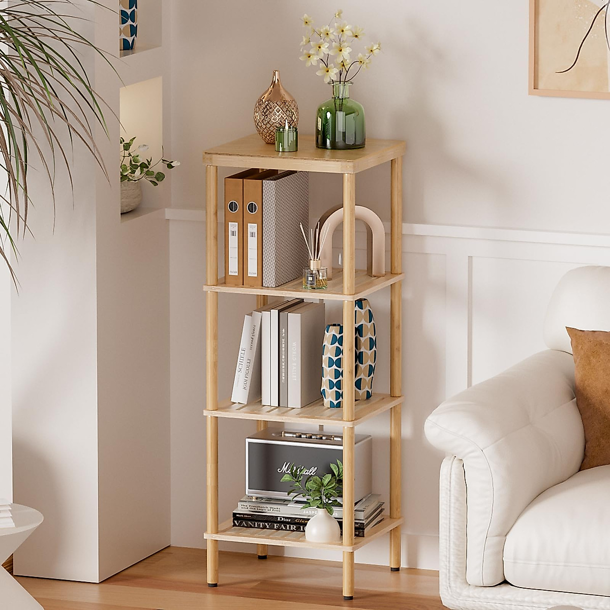 AmazerBath Bamboo Bathroom Shelf, 4-Tier Bathroom Storage Shelf, Multifunctional Storage Rack for Living Room Bedroom Kitchen, Space Saver