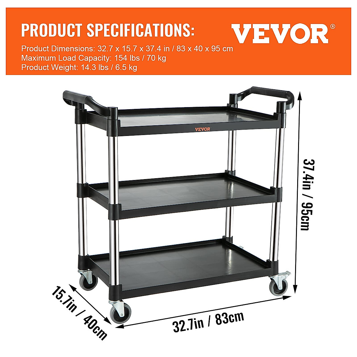 VEVOR Utility Service Cart, 3 Shelf Heavy Duty 154LBS Food Service Cart, Rolling Utility Cart with Lockable Wheels, 32.7" x 15.7" x 37.4" Plastic Utility Cart for Kitchen Office Restaurant Home, Black