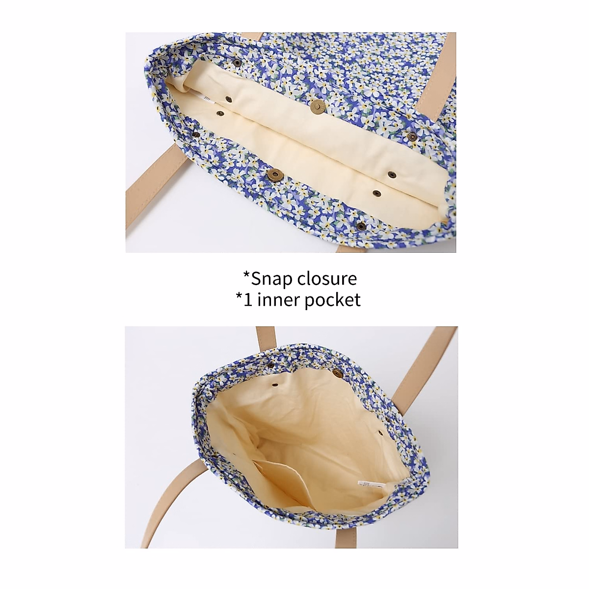 Jeelow Floral Cotton Canvas Tote Handbag with Vegan Leather Handles for Women - Lightweight Shoulder Bag Purse Snap Closure (Blue)