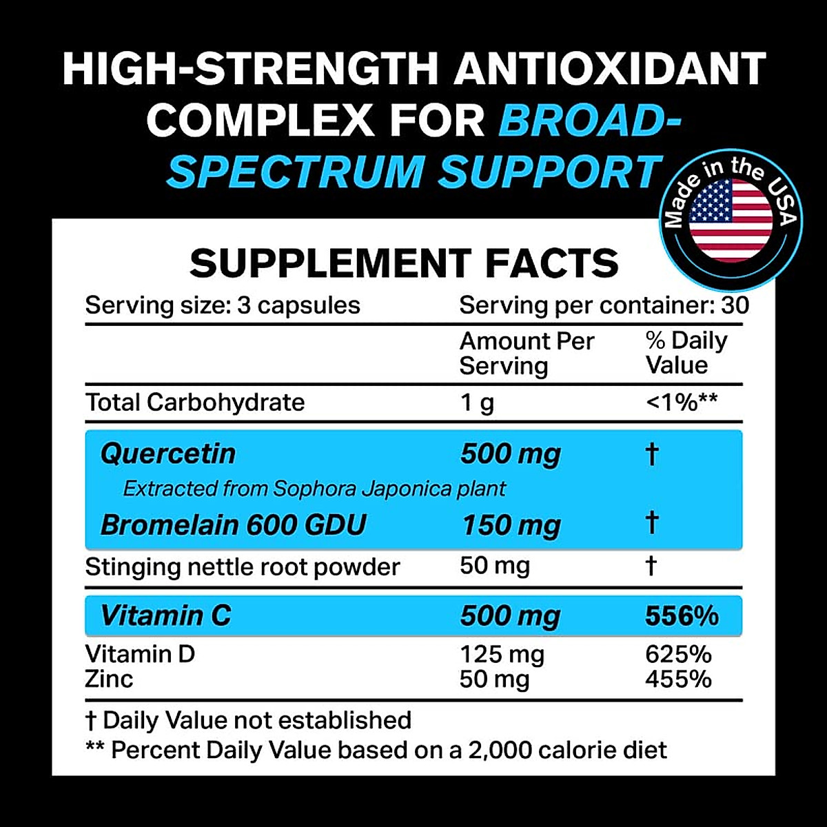 𝗪𝗜𝗡𝗡𝗘𝗥 Quercetin 500mg Supplement with Bromelain, Vitamin C, Zinc 50mg, & Vitamin D3 5000 IU - for Anti Inflammation, Immune Response, and Overall Health - 5 in 1 Immunity Health Supplement