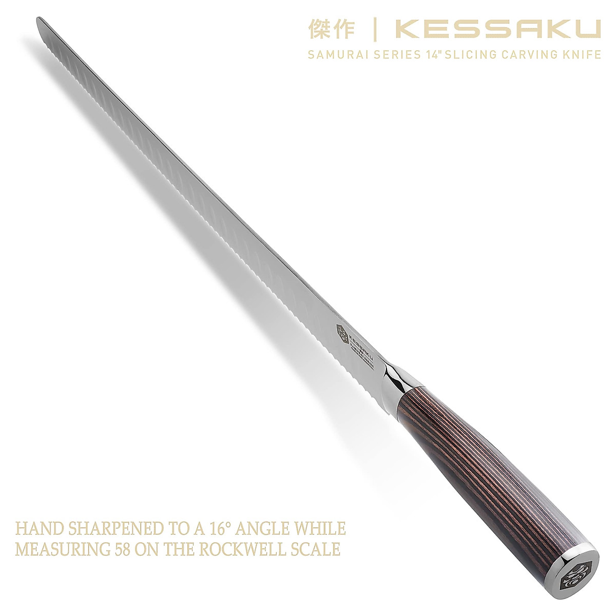 KESSAKU 14-Inch Slicing Carving Knife - Samurai Series - Serrated Granton Edge - Forged High Carbon 7Cr17MoV Stainless Steel - Pakkawood Handle with Blade Guard
