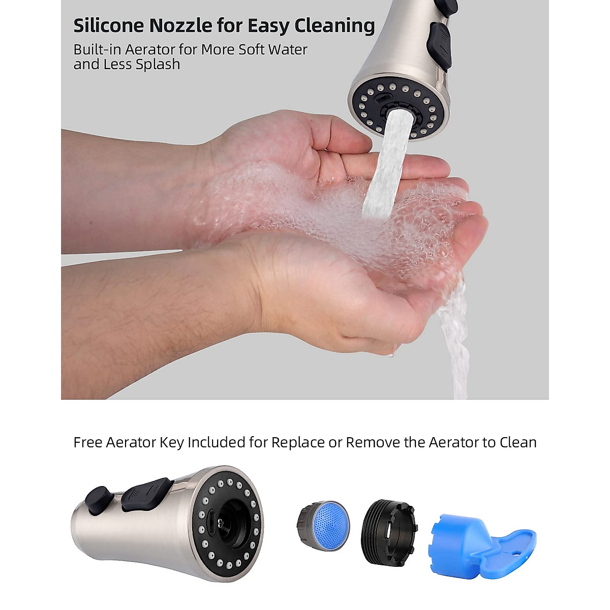 Hibbent Pull Down Kitchen Faucet Head Replacement, 3-Function Kitchen Sink Spray Nozzle with 10 Adapters, Compatible with Moen, American Standard, Delta, Kohler Faucets, Brushed Nickel