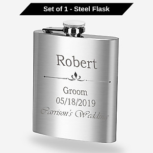 Top Shelf Stainless Steel Wedding Hip Flask 6Oz | Custom Engraving Personalized Name Bachelorette Party Favors Flask | Leak Proof Screw-On Cap | Groomsmen Gifts
