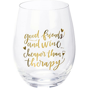 Primitives by Kathy Good Friends And Wine…Cheaper Than Therapy Wine Glass