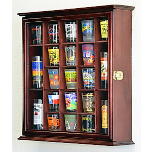 21 Shot Glass Shotglass Shooter Display Case Holder Cabinet Wall Rack 98% UV Lockable -Cherry