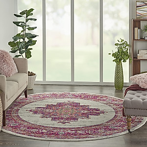 Nourison Passion Ivory/Fuchsia 8' x Round Area-Rug, Boho, Traditional, Easy-Cleaning, Non Shedding, Bed Room, Living Room, Hallway, (8' Round)
