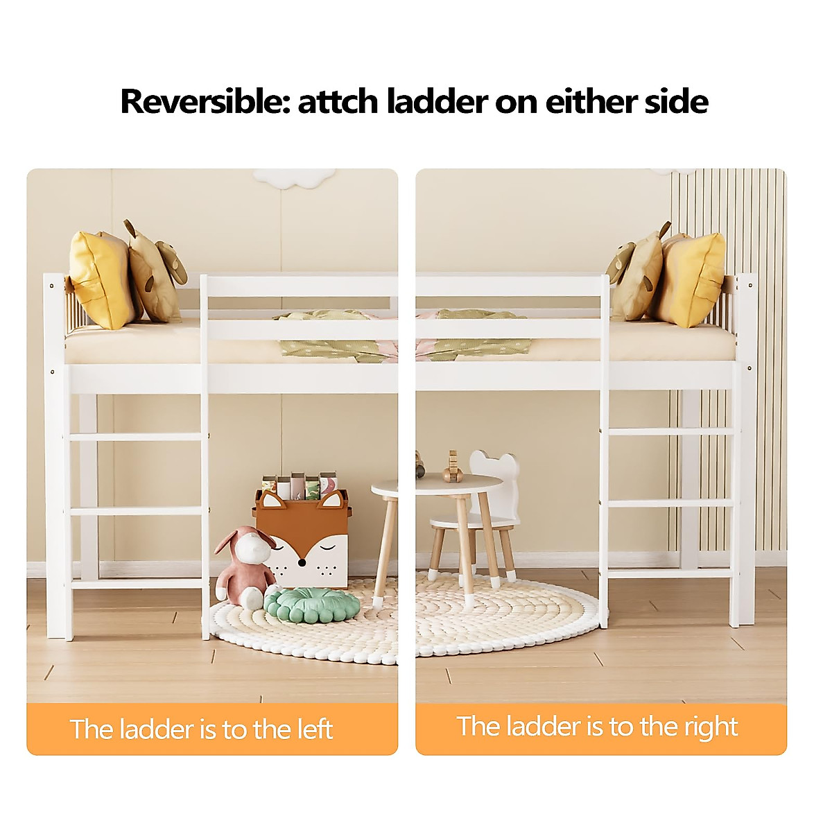 JOYMOR Twin Loft Bed Low Loft Bed Frame for Little Kids Small Room/Low Ceiling Bedrrom with Guardrail and Ladder, White