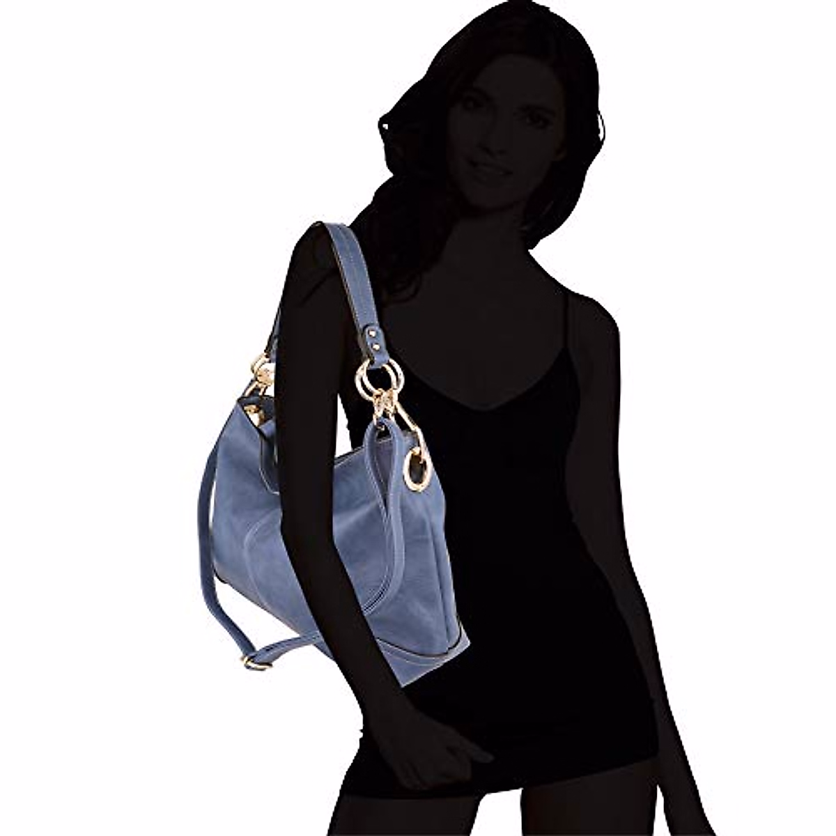 B BRENTANO Vegan Leather Large Hobo Shoulder Bag with Snap Hook Hardware (Denim.)