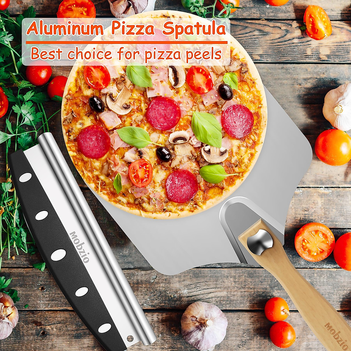 mobzio Pizza Peel Metal Pizza Spatula, Pizza Paddle 12 x 14 inch, Pizza Cutter Rocker, Pizza Paddle with Foldable Handle, Aluminum Pizza Peel Kit for Dough, Bread & Pastry, Pizza Oven Accessories