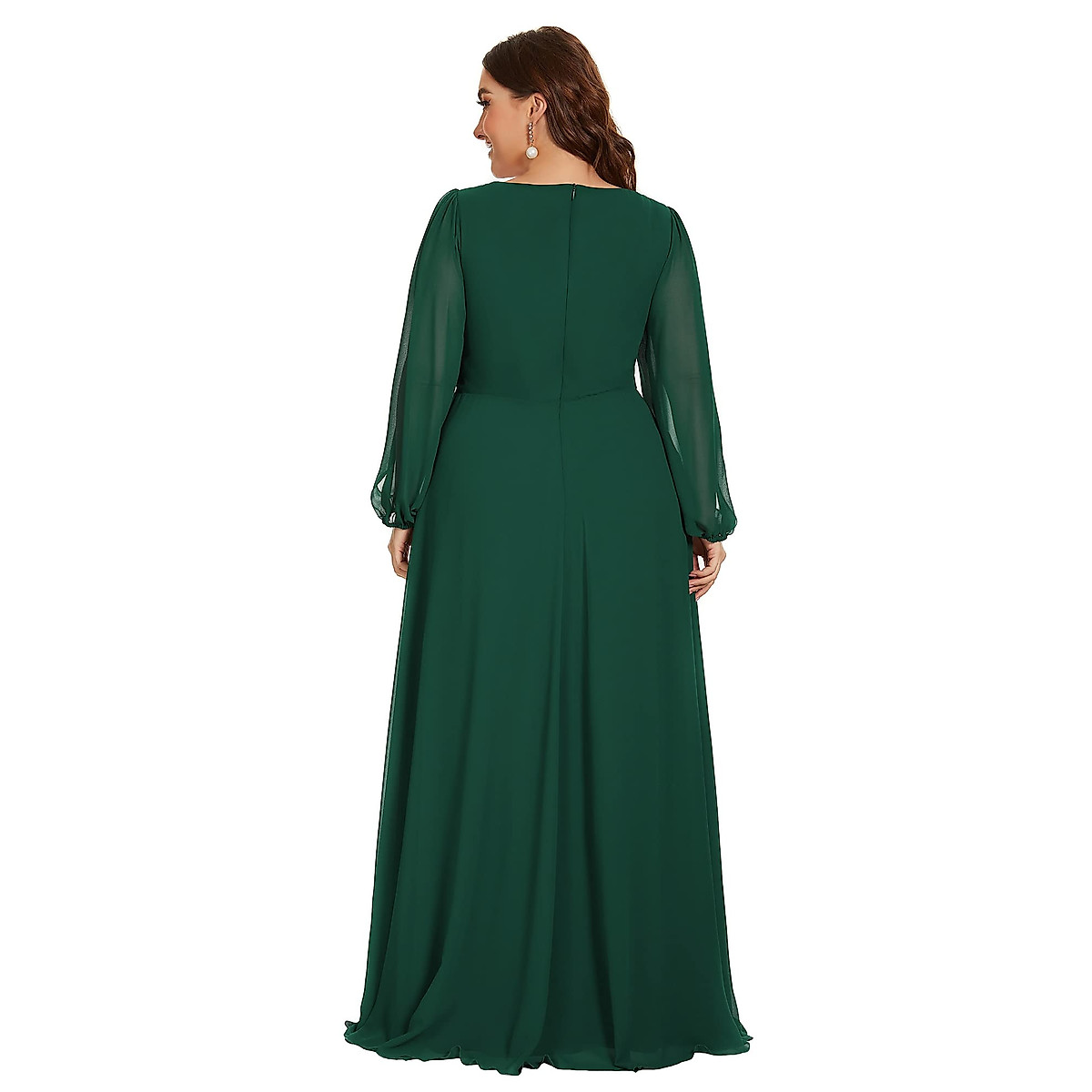 Ever-Pretty Plus Womens Floor-Length Plus Size A-line Ruched Dance Dress with Sleeves Green US18