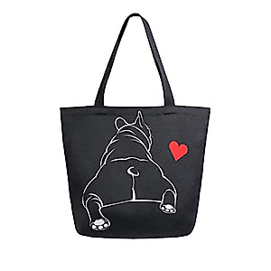 ALAZA Funny Bulldog Puppy Dog French Large Canvas Tote Bag Reusable Grocery Shopping Gift Bag with Handles, Heavy Duty, Washable