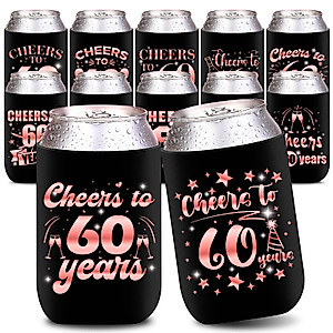 12Pcs Can Cooler Sleeves - Rose Gold 60th Birthday Decorations for Women - Beverage Can Cooler Sleeves for Cheers to 60 Years Old Party Supplies Gift