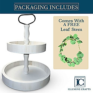 ILLUMINE CRAFTS – Two Tiered Tray – Farmhouse Tiered Tray Decor – Tiered Serving Tray – 2 Tier Fruit Basket – 2 Tiered Tray Stand – White Rustic Farmhouse Decor – 2 Tier Tray Decor with Leaf Stem