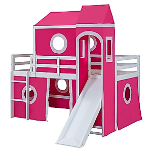 Full Size House Loft Bed Kids Loft Beds with Slide, Tent and Tower, Solid Wood Loft Bed with Small Pinnacle for Kids Girls Boys Teens (Pink)
