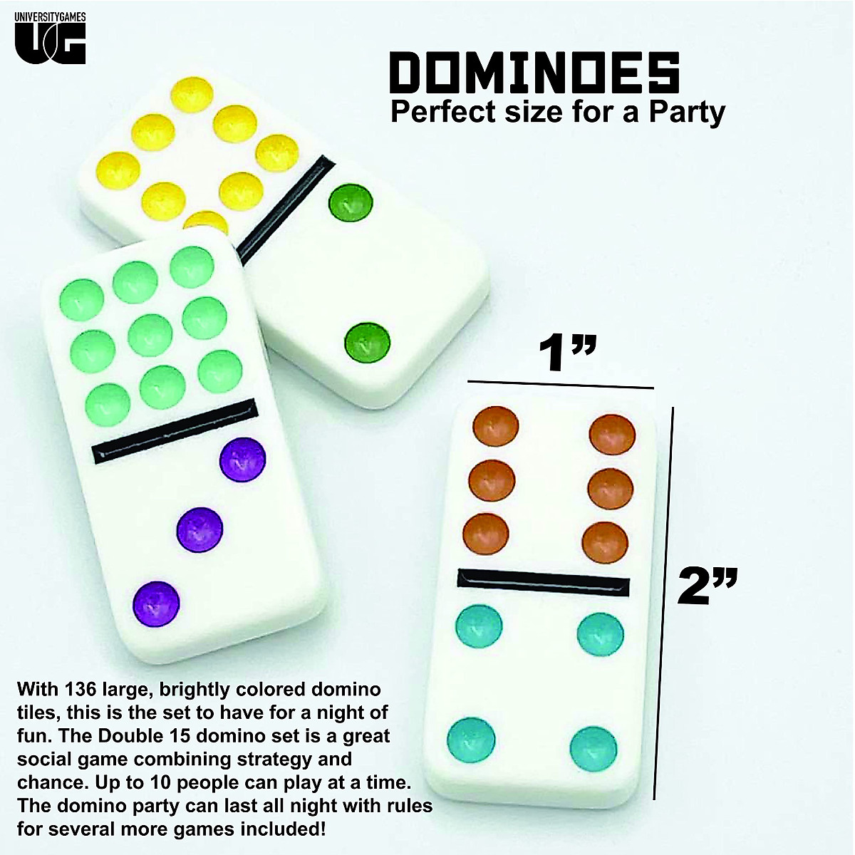 Front Porch Classics, Double 15 Color Dot Dominoes Set On-The-Go Travel Storage Tin, 2 to 12 Players Ages 8 to 99