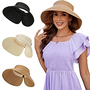 Women Sun Visor Fordable Wide Brim Summer Straw Hat Roll up Adjustable Beach Hat with Bowtie