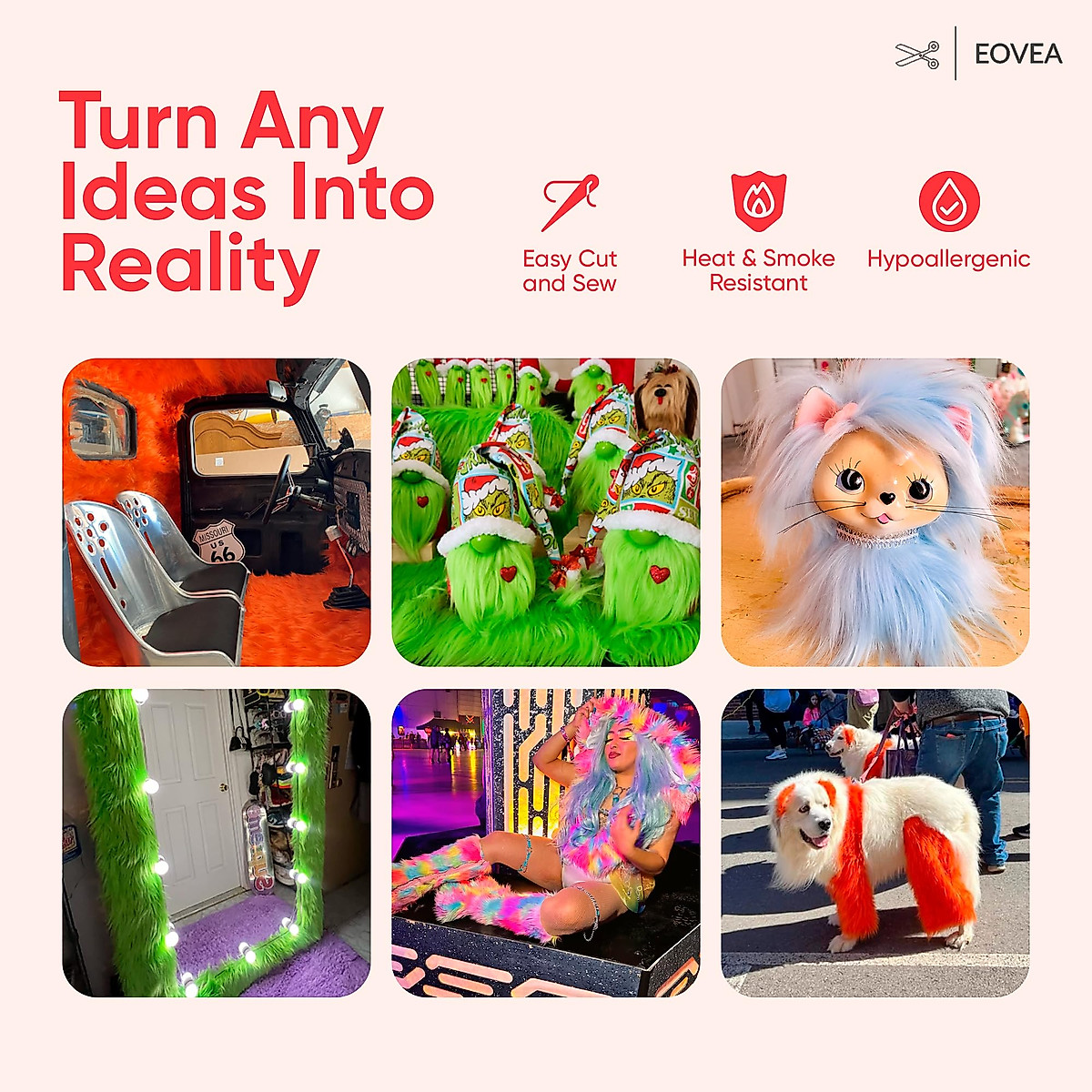 EOVEA Shaggy Faux Fur Fabric by The Yard - 36" X 60" Inch Wide - Fluffy Fur Fabric- Plush Furry Materials - Fuzzy Craft Supply for DIY, Halloween, Upholstery, Costume, Sewing(Red, One Yard)