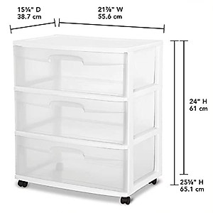 Sterilite 29308001 Home 3 Drawer Wide Storage Cart Portable Clear Container with Adjustable Casters for Home Organization and Storage, (2 Pack)
